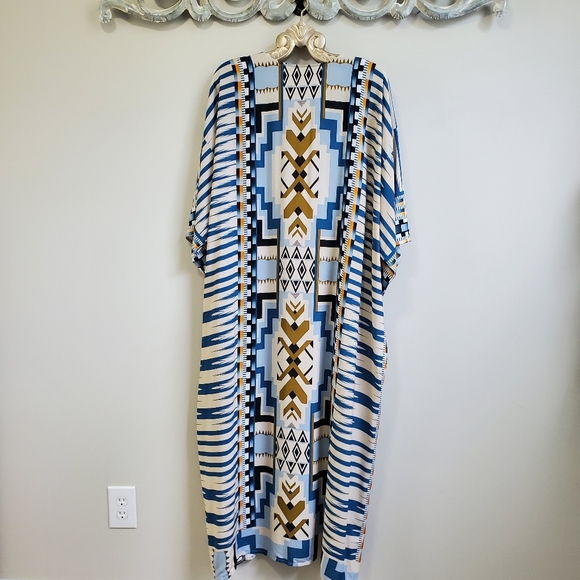 Swim | New Boho Native Print Kimono Duster Maxi Cardigan Blue Tan Black ...